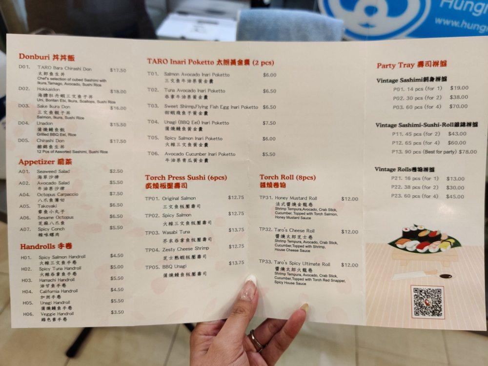 Menu at Sushi Taro restaurant, Markham