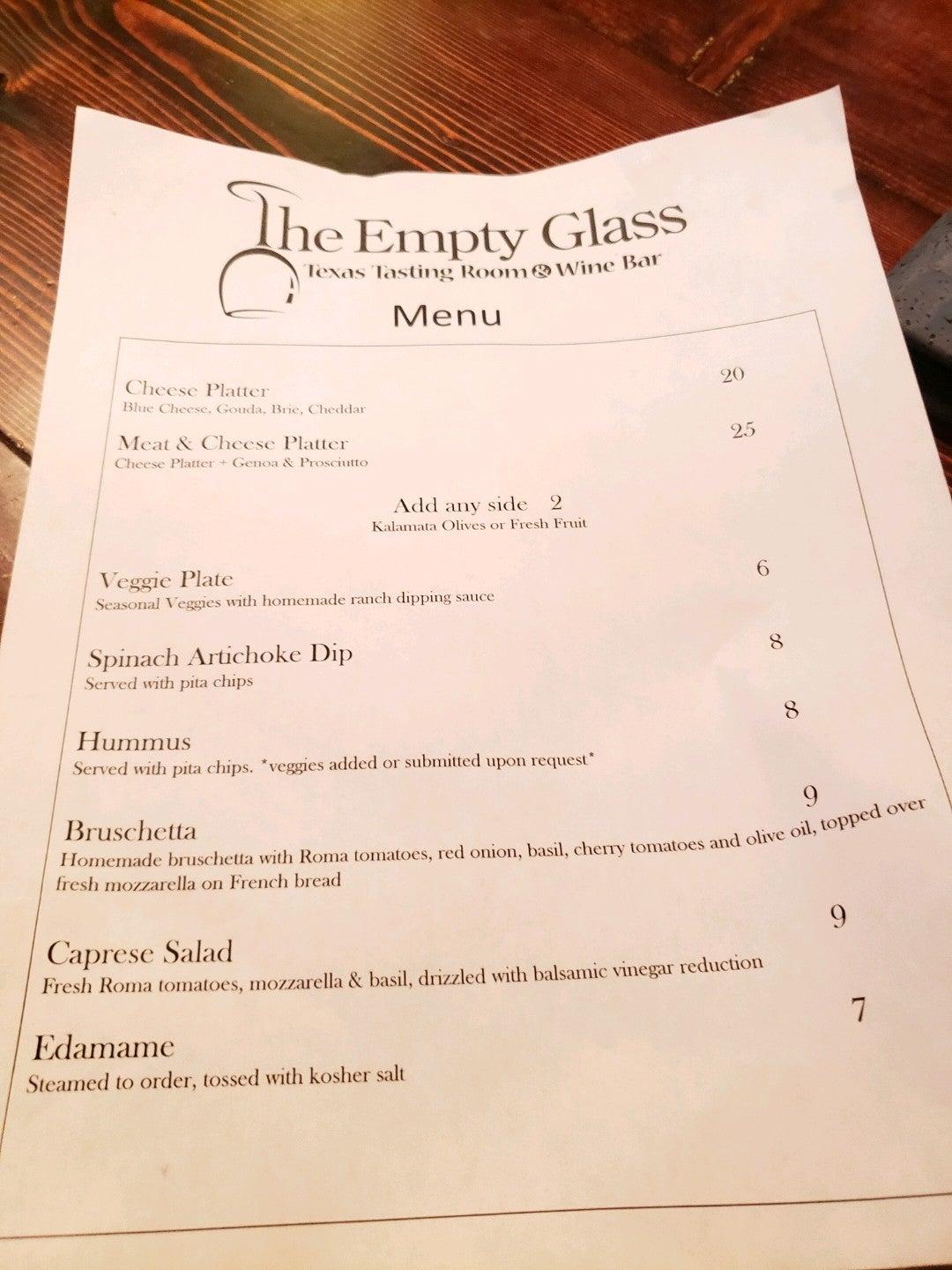 Menu at The Empty Glass pub & bar, Tomball, 104 Market St