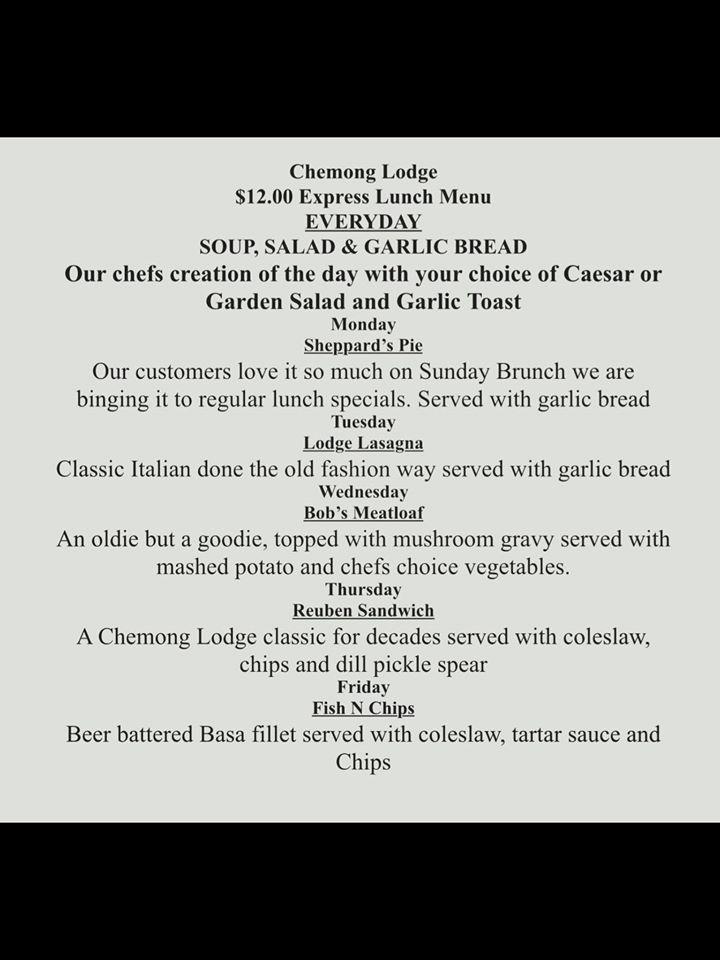 Menu at Chemong Lodge restaurant, Bridgenorth