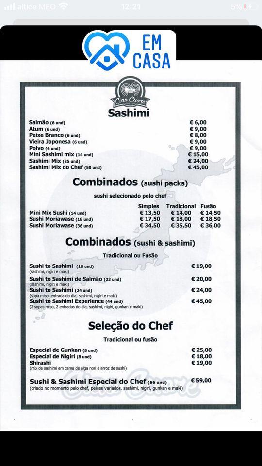 Carta del restaurante Ciao Cuore, Belas, R. Dona Mariana Vitória 13