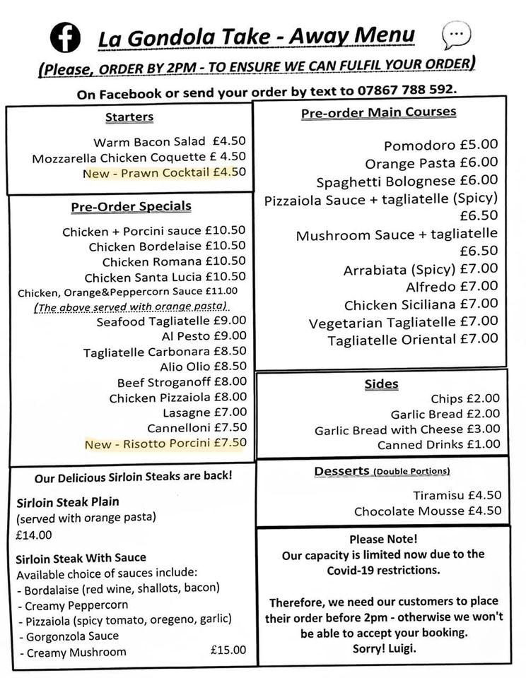 Menu at La Gondola restaurant, Omagh