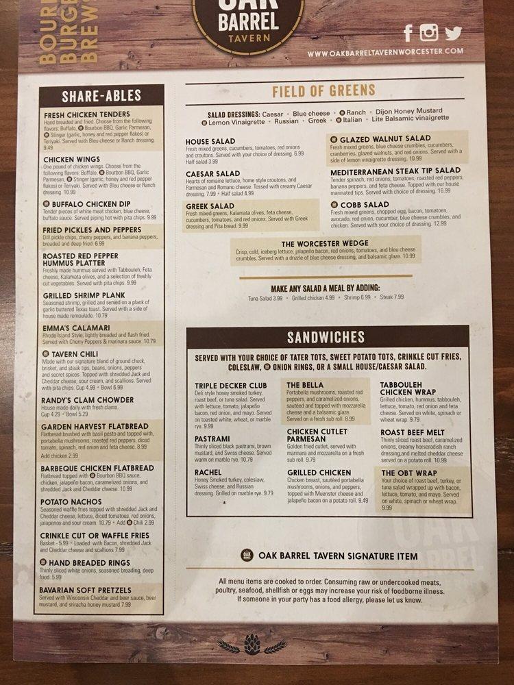 Menu at Oak Barrel Tavern, Worcester