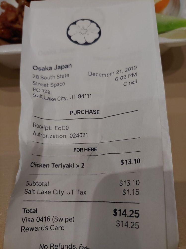 Menu at Osaka Japan restaurant, Salt Lake City, 28 State St SPACE FC102