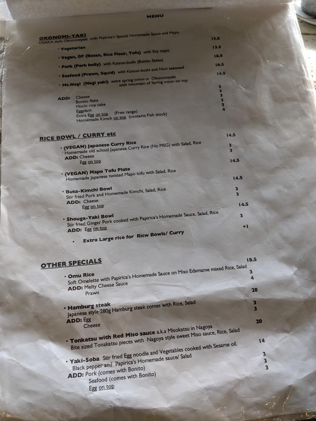 Menu at Papirica restaurant, Melbourne