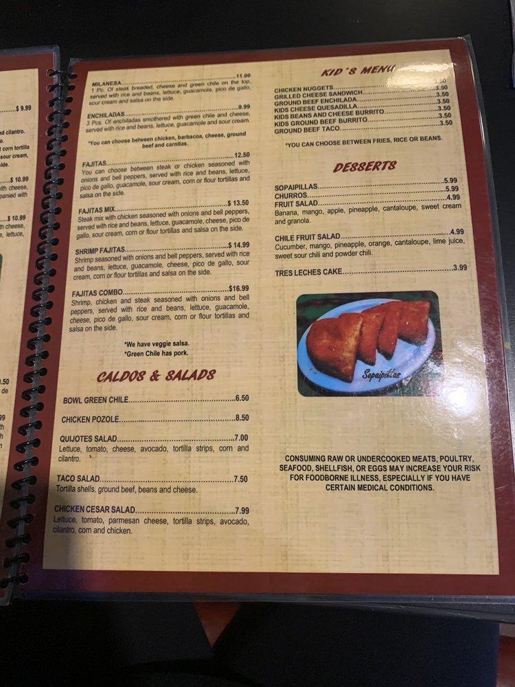 Menu at Quijotes Mexican Grill restaurant, Colorado Springs