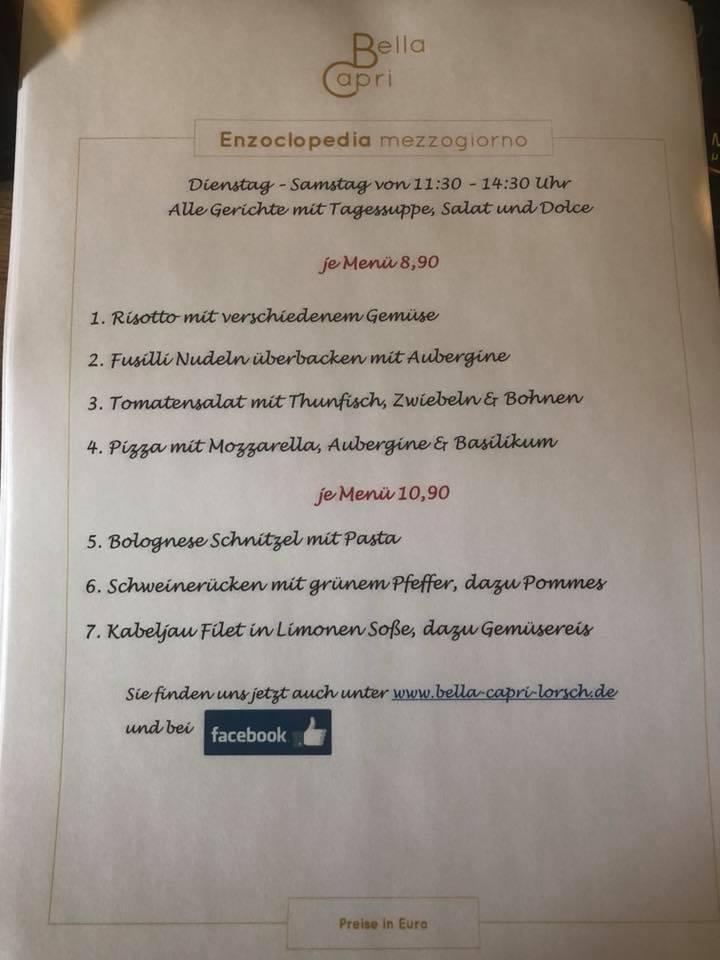 Speisekarte von Ristorante Bella Capri restaurant, Lorsch
