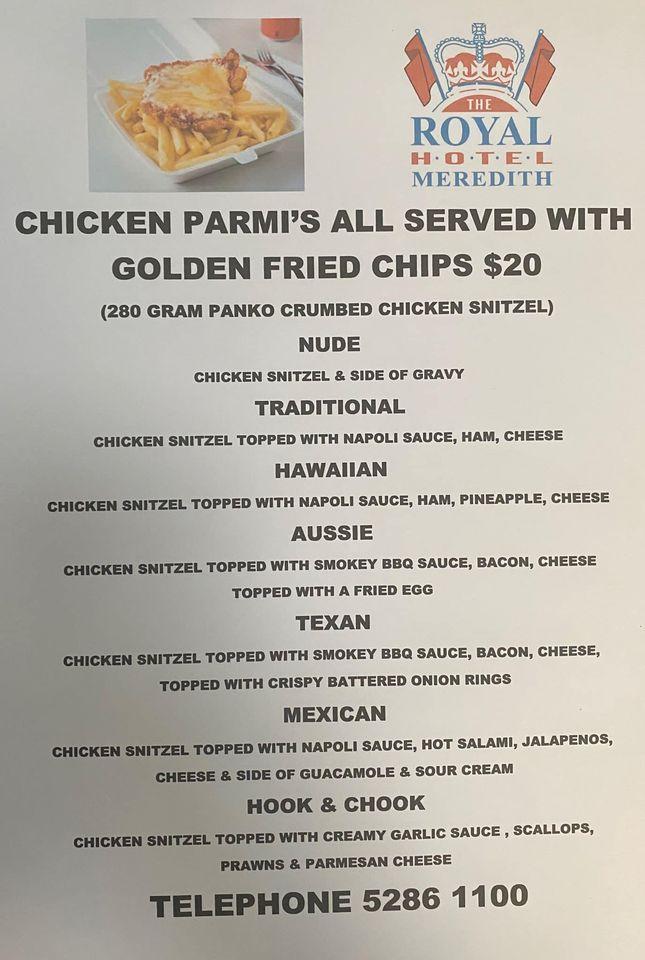 Menu at The Royal Hotel Meredith cafe, Meredith