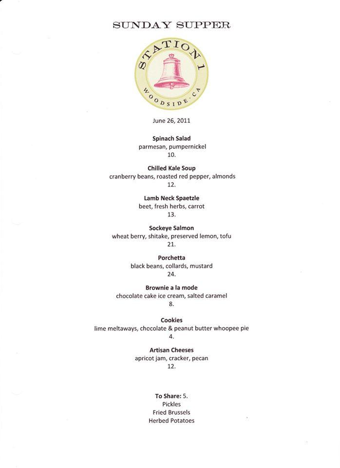 Menu at Station 1 Restaurant, Redwood City