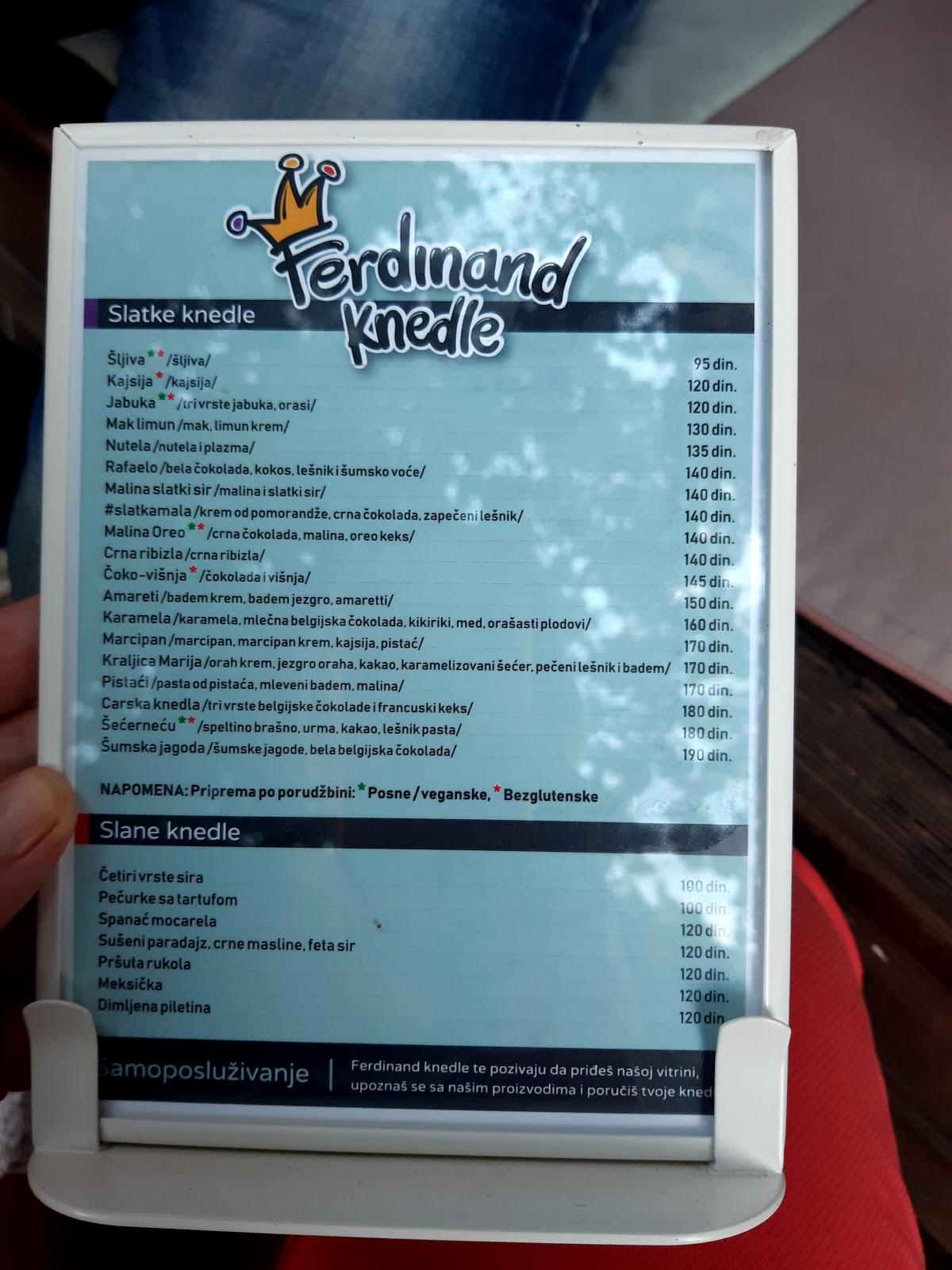 Menu at Ferdinand knedle restaurant, Belgrade, Gavrila Principa 58
