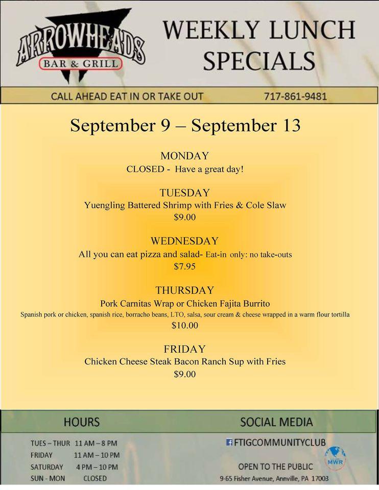Menu at Arrow Heads Bar & Grill, Fort Indiantown Gap