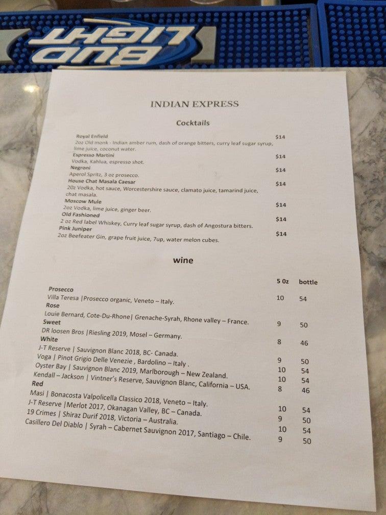 Menu at Indian Express YYC restaurant, Calgary
