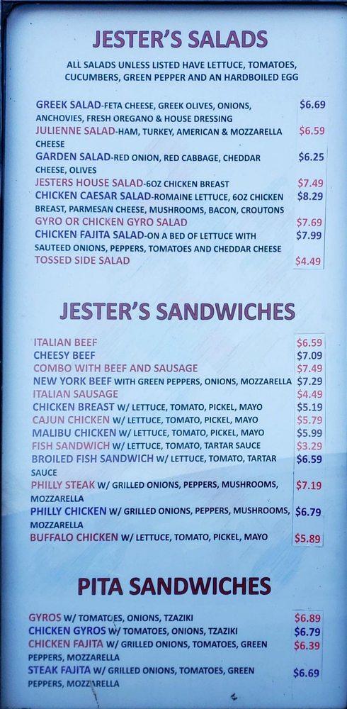 Menu at Jester's Fast Food, Elgin