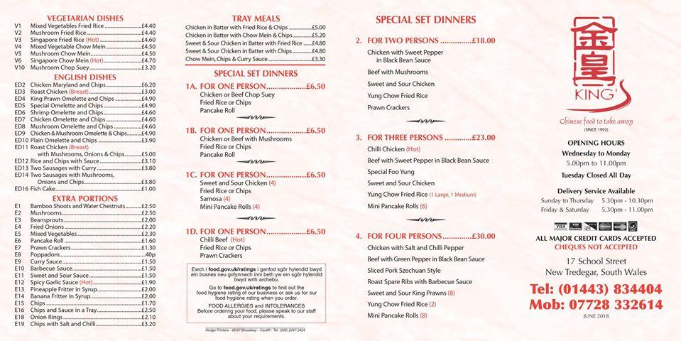 Menu at King's Takeaway fast food, New Tredegar