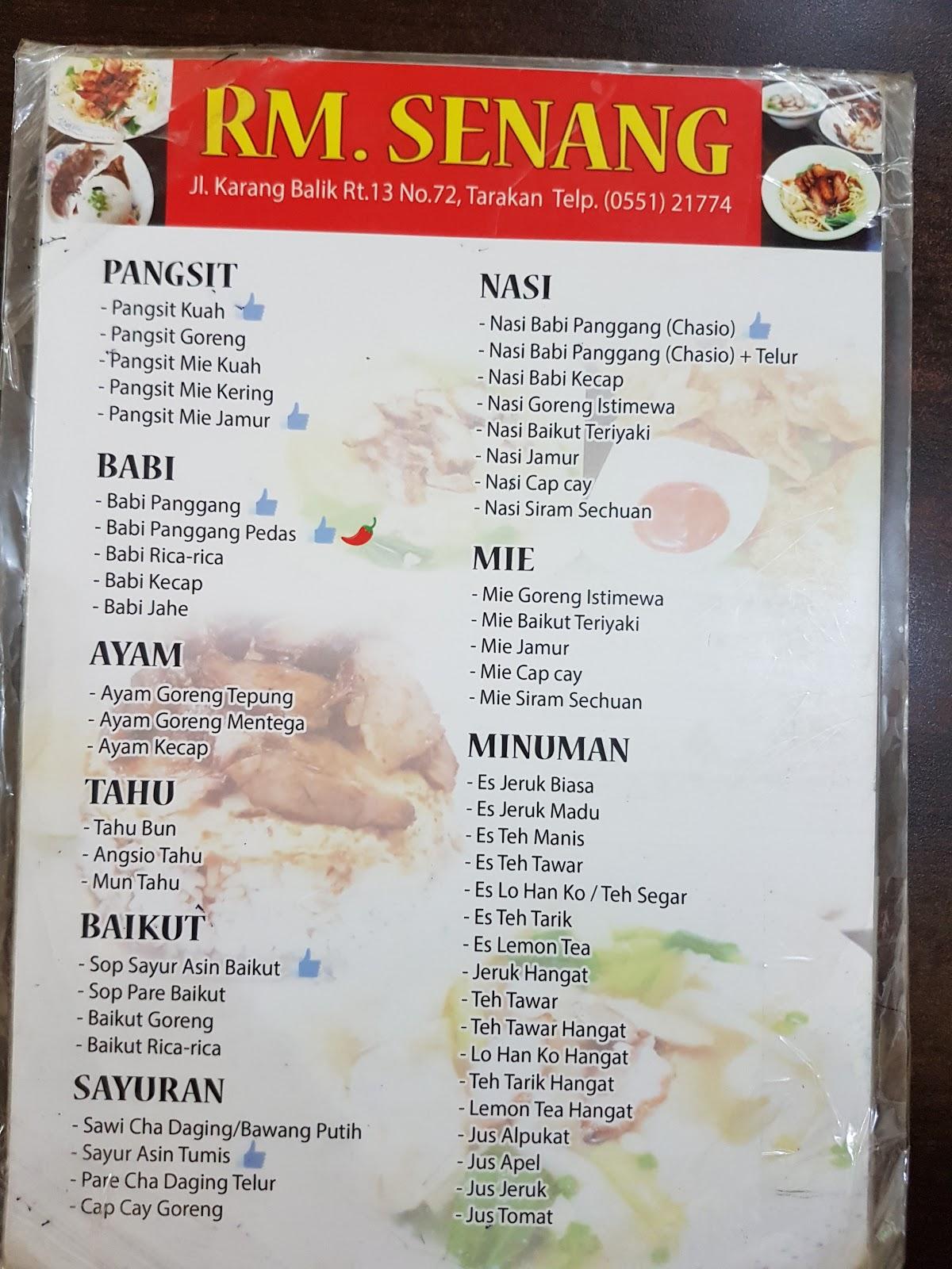 Menu at RM Senang restaurant, Tarakan, 8H5M+CV5