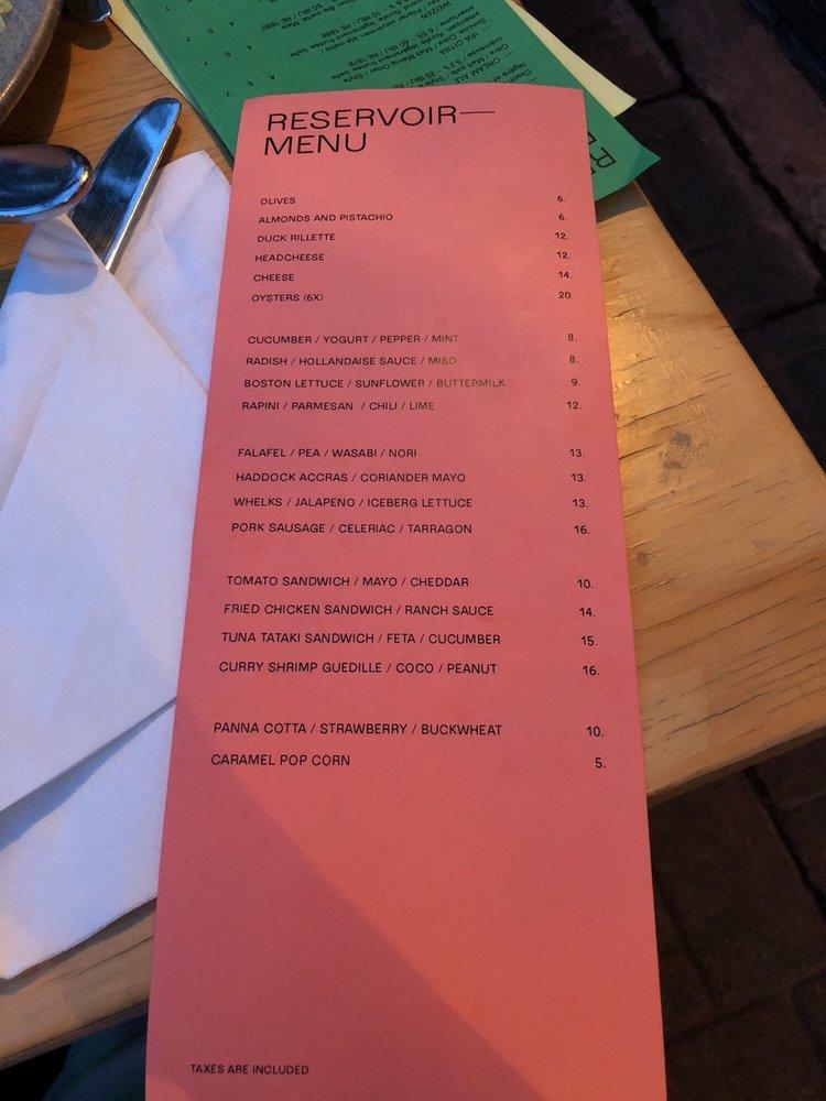Menu at Reservoir pub & bar, Montréal