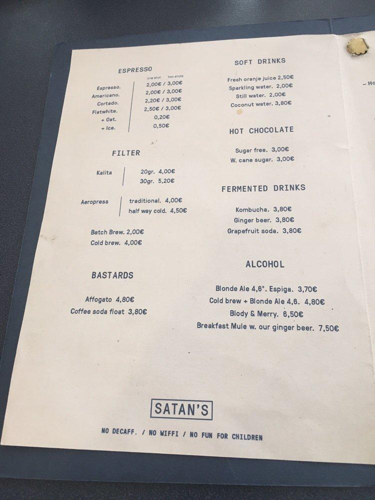 Menu at Satan's Coffee Corner cafe, Barcelona, Carrer de l'Arc de Sant ...