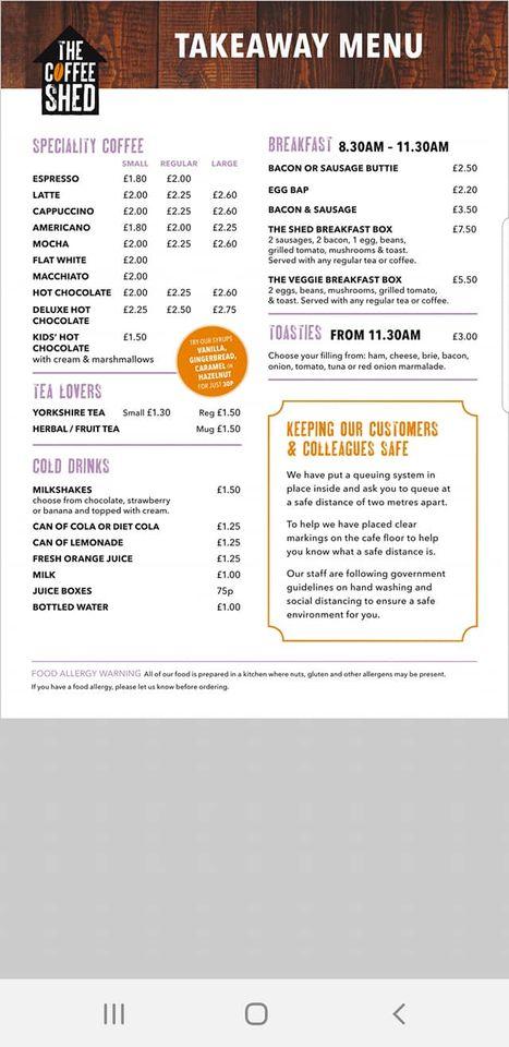 Menu at The Coffee Shed cafe, Filey