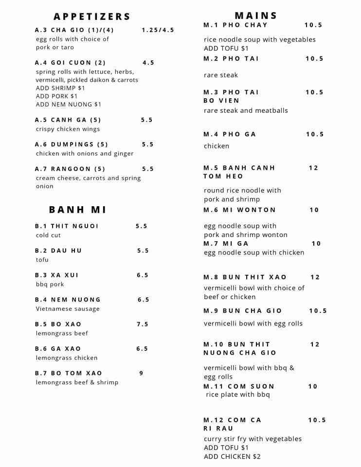 Menu at Banh Appetit restaurant, Portland