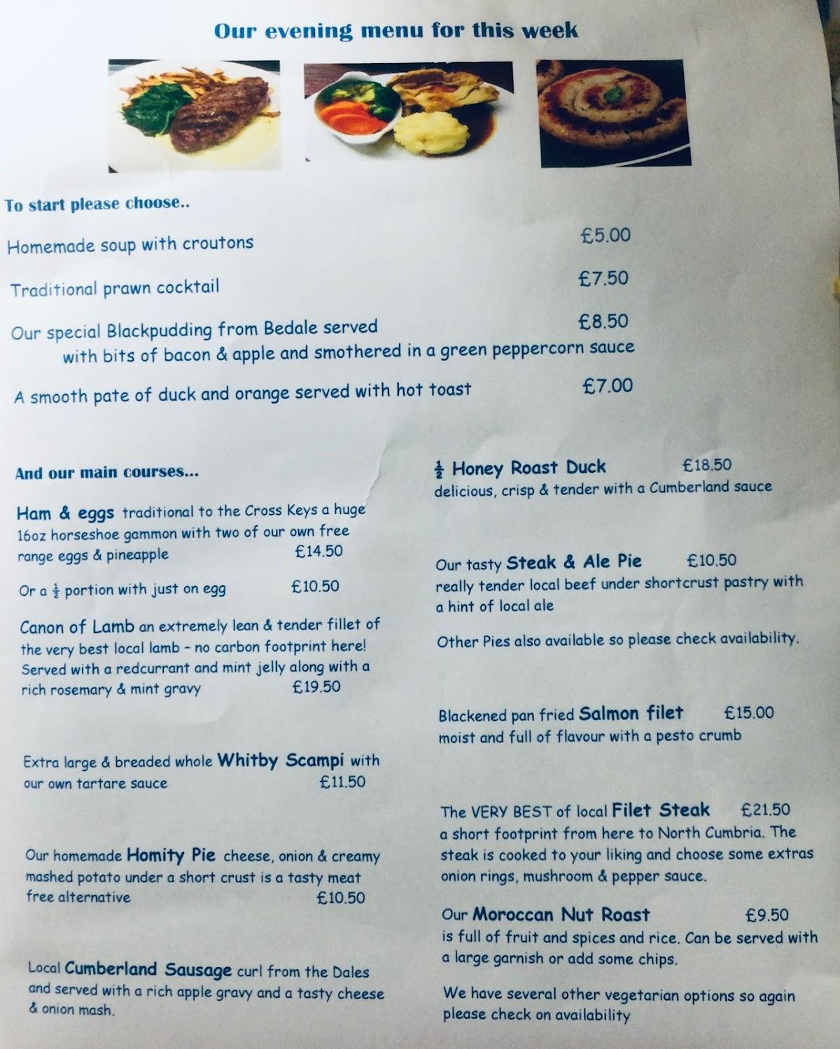 Menu at Cross Keys Temperance Inn pub & bar, England, Cautley