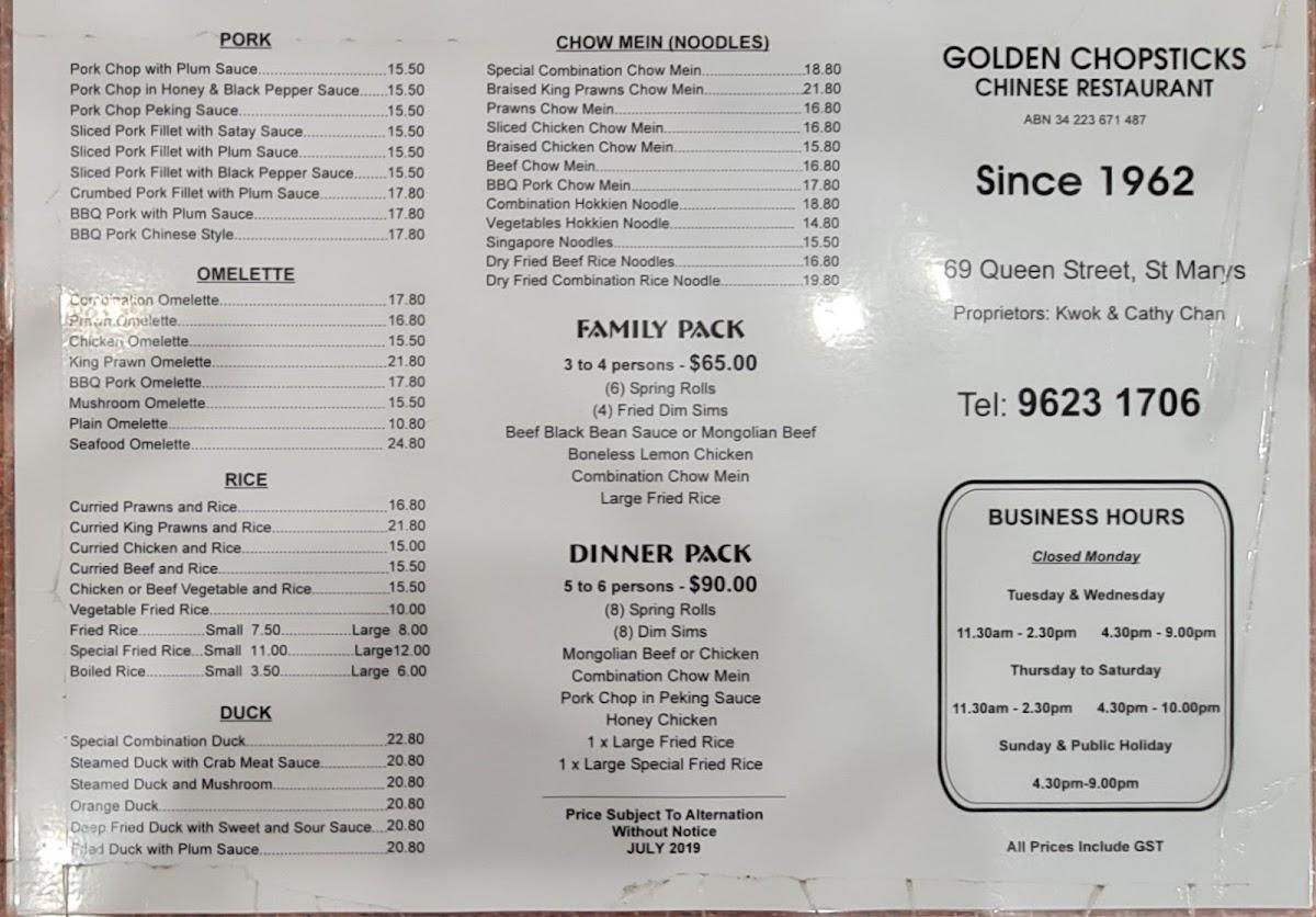 Menu at Golden Chopsticks Chinese Restaurant, Saint Marys