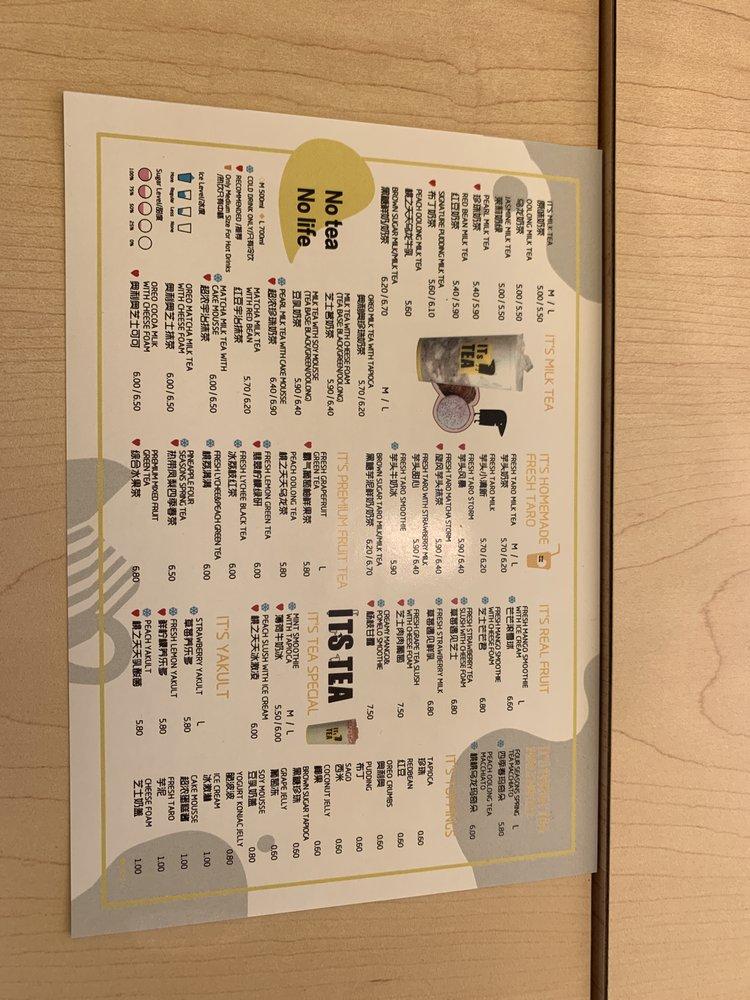 Menu at ITS TEA, Toronto, Yonge St