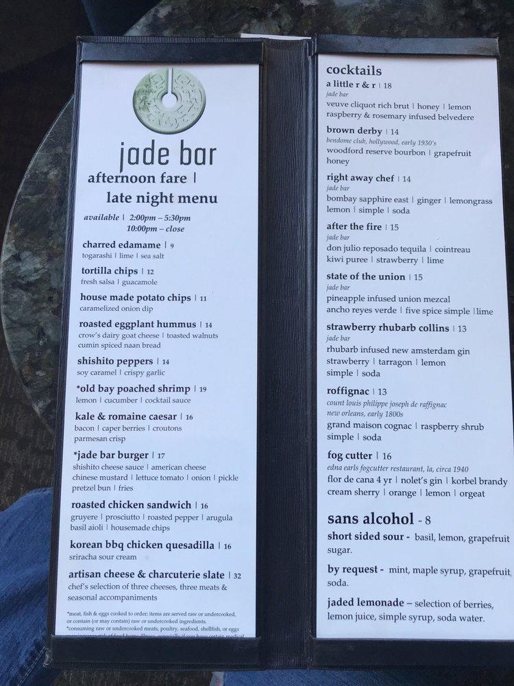 Menu at jade bar, Paradise Valley