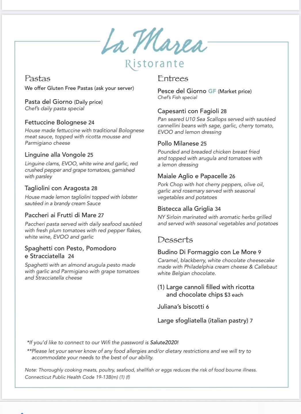 Menu at La Marea Ristorante restaurant, Old Saybrook