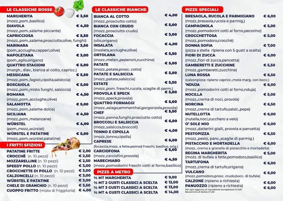 Menu at Luna Rossa pizzeria, Eboli, Via Ceffato 112