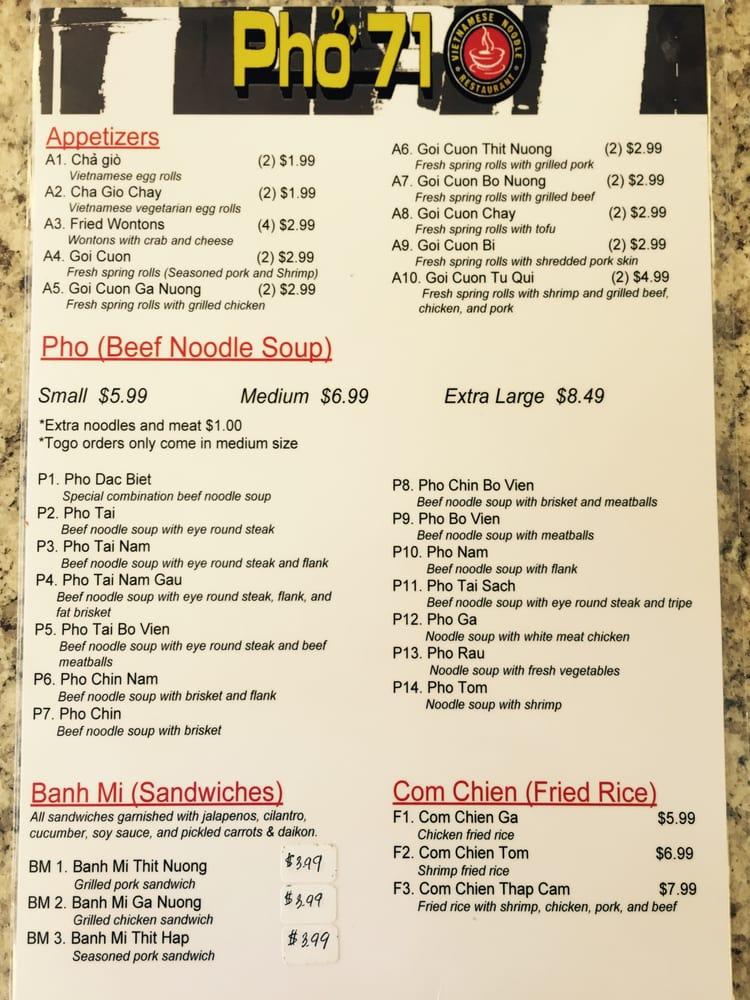 Menu at Pho 71 restaurant, Broken Arrow