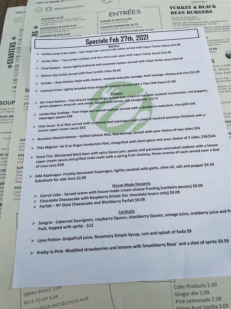 Menu at Pond Restaurant, Warner Robins