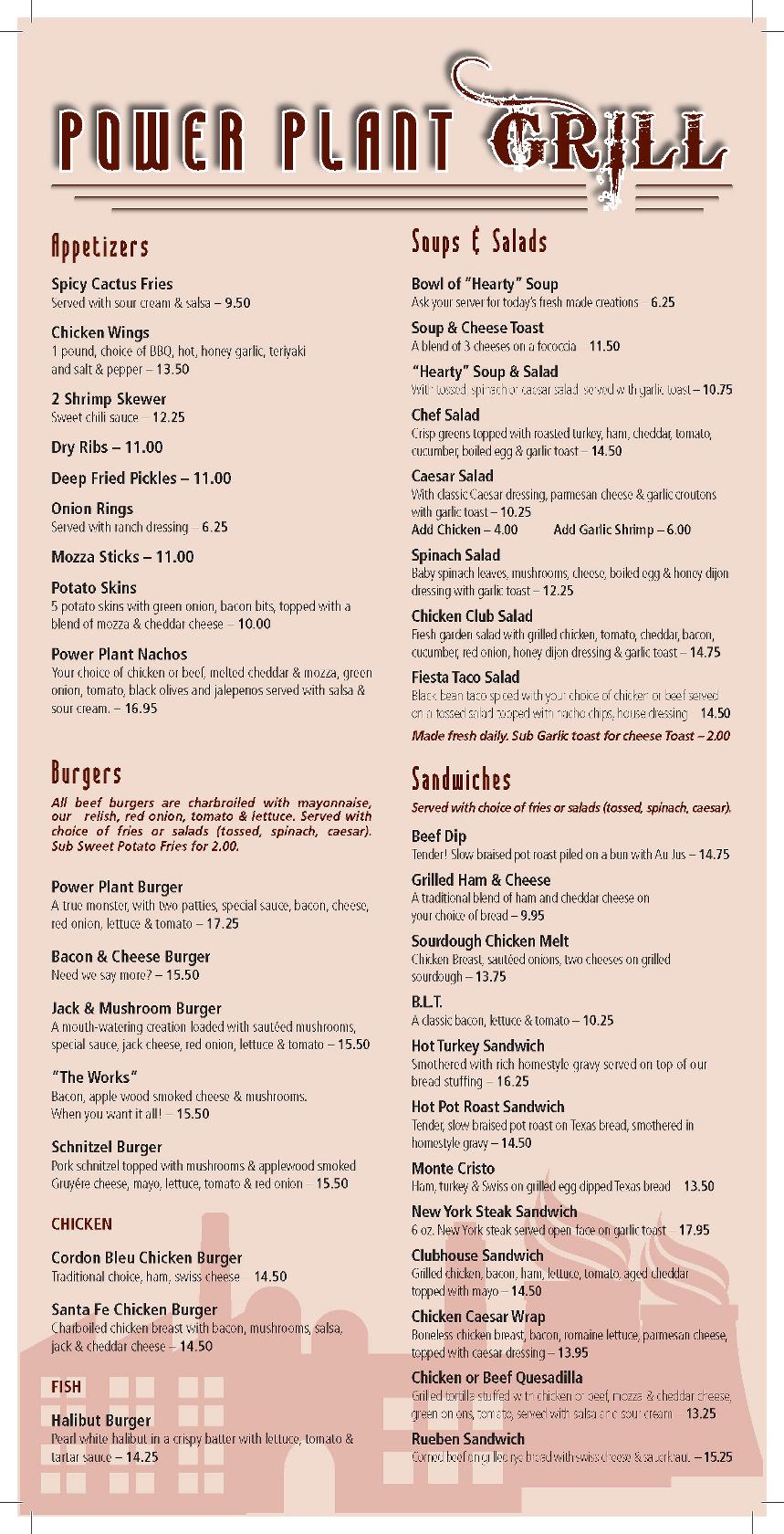 Menu at Power Plant Grill restaurant, Stony Plain