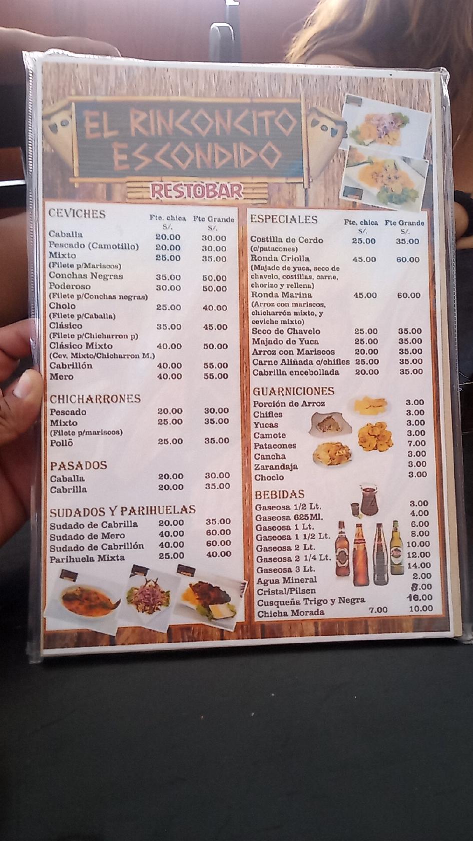 Menu at "El Rinconcito Escondido" restaurant, Piura