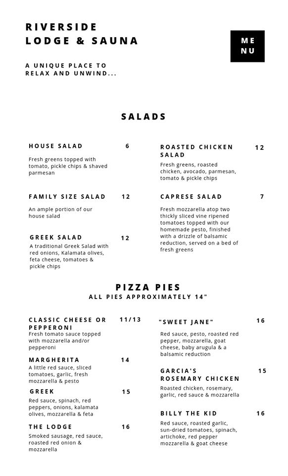 Menu at Riverside Lodge and Sauna pizzeria, Paris