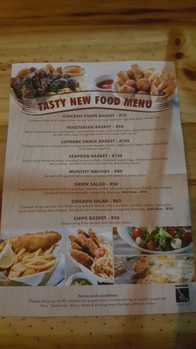 Menu at The Barnyard Theatre Silverstar, Krugersdorp