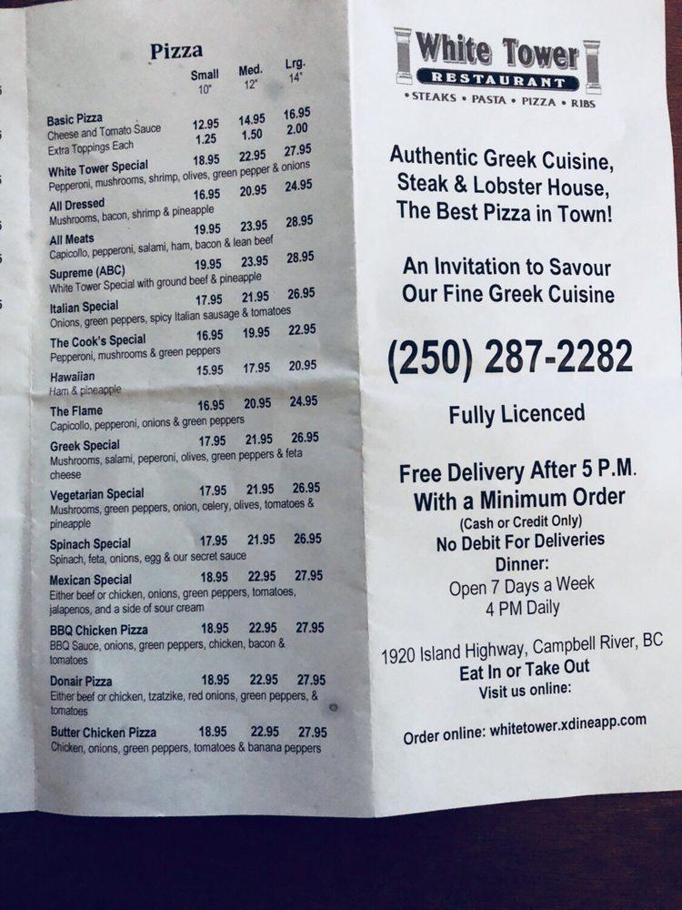 Menu at White Tower Restaurant, Campbell River, Island Hwy