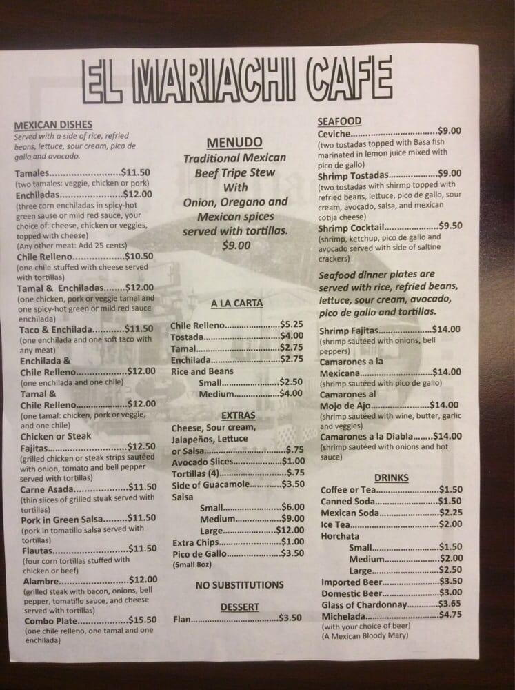 Menu at El Mariachi Cafe, Occidental