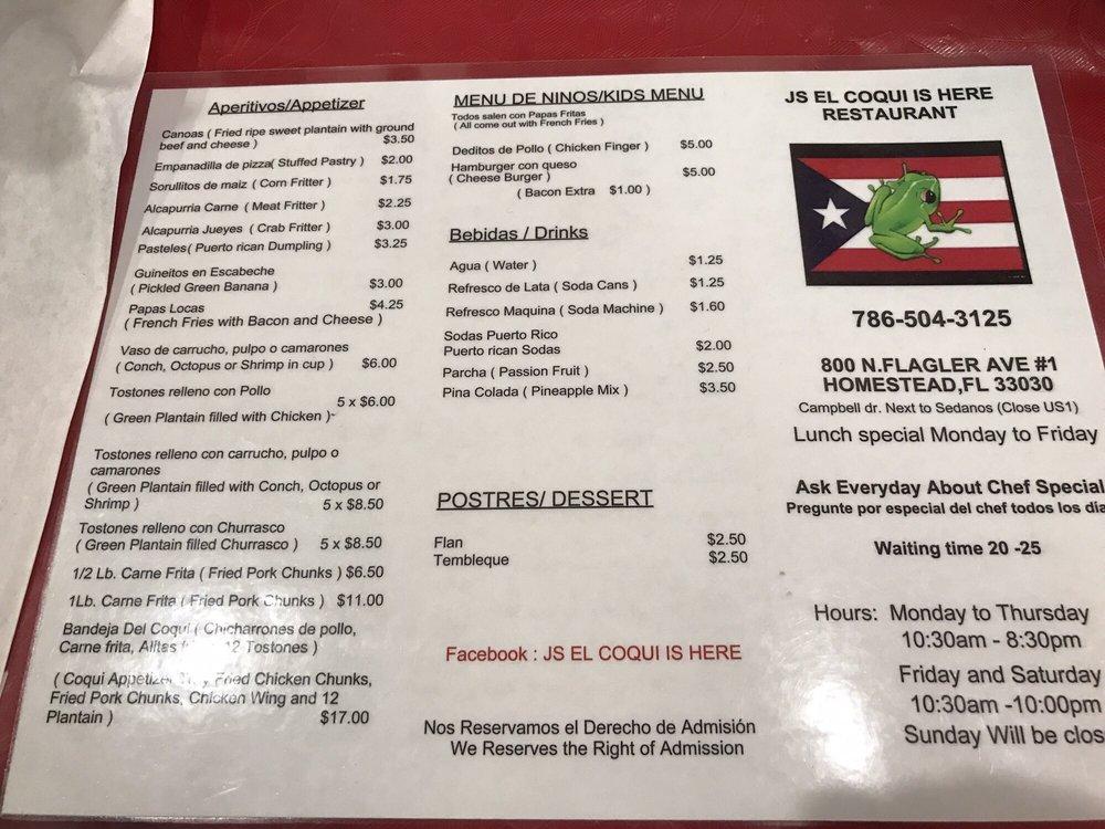 Menu at Coqui by Tayta's restaurant, Homestead