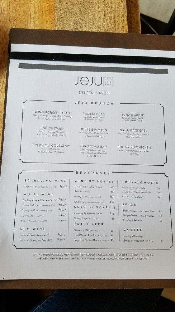 Menu at Jeju Noodle Bar, New York City