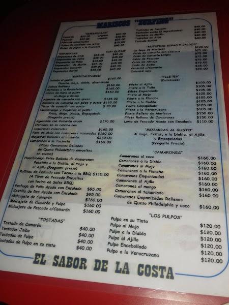 Menu at Mariscos El Surfing restaurant, Mexico City