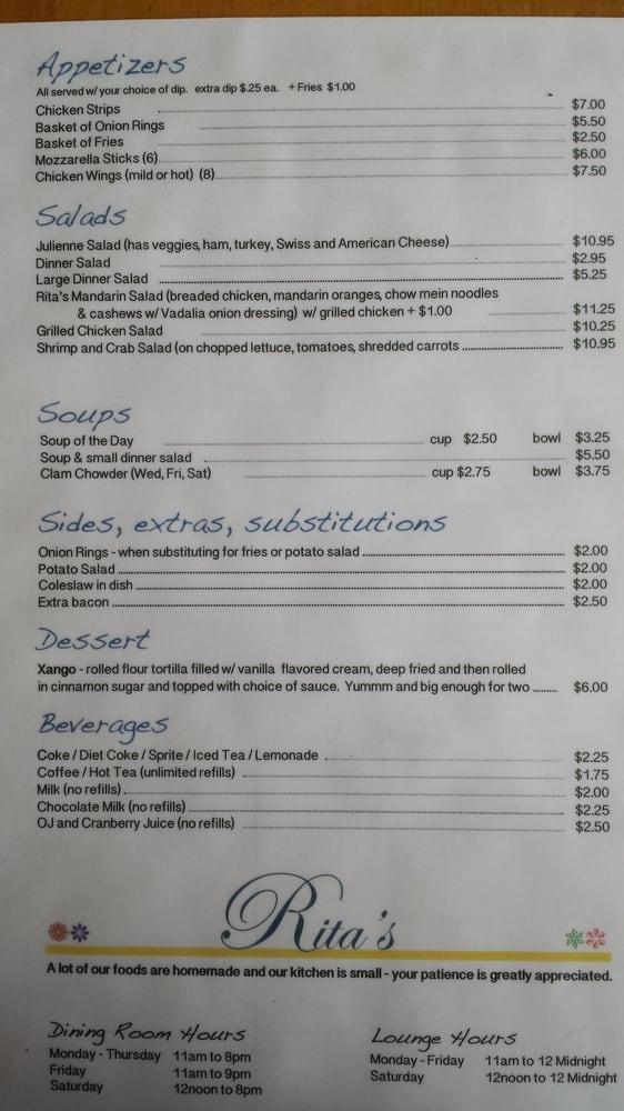 Menu at Rita's Bar & Grill, Lake Bluff
