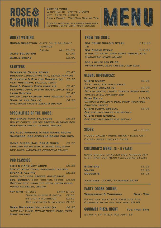 Menu at Rose & Crown pub & bar, Long Clawson