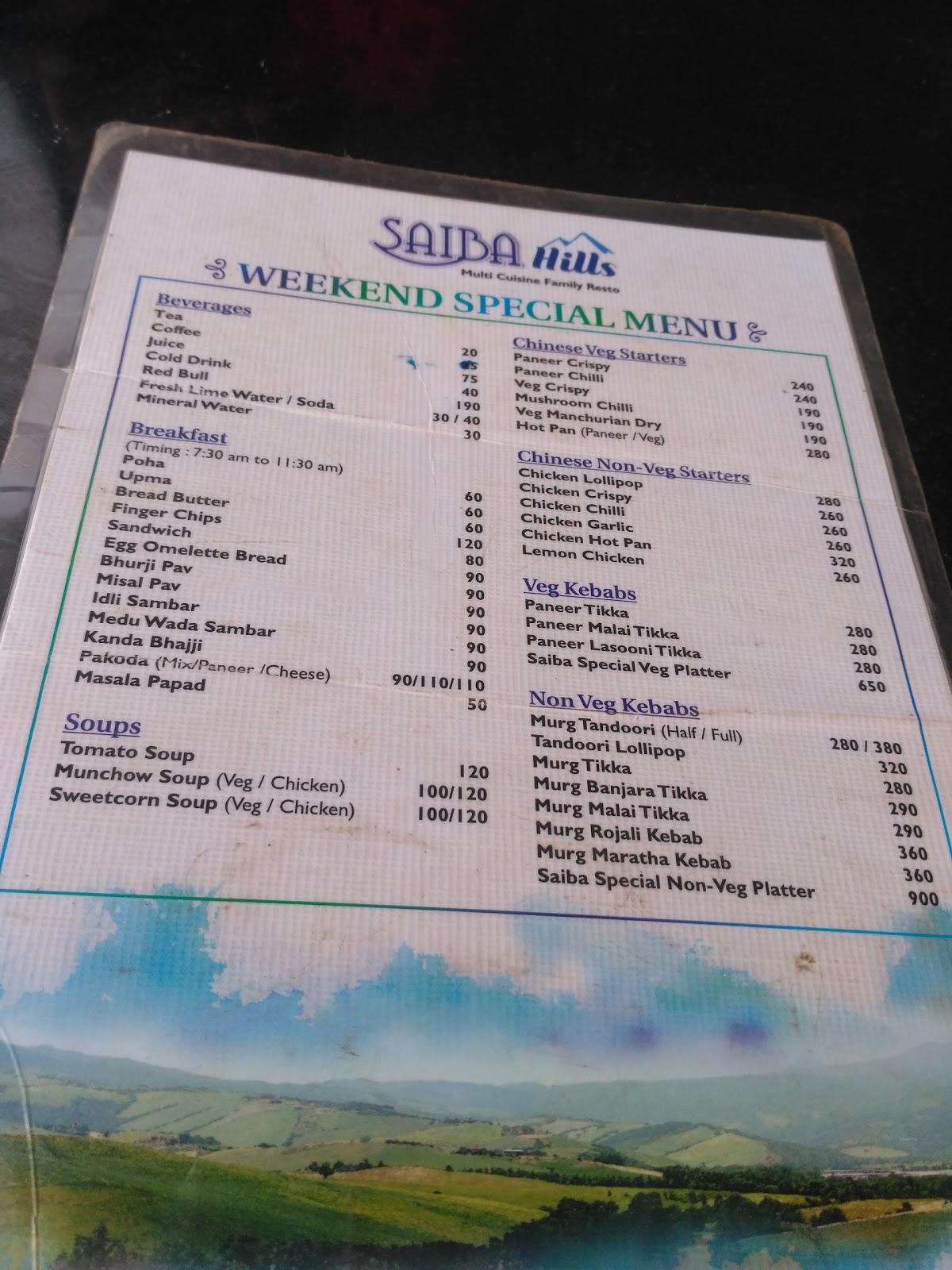Menu at Saiba Hills, Mulshi
