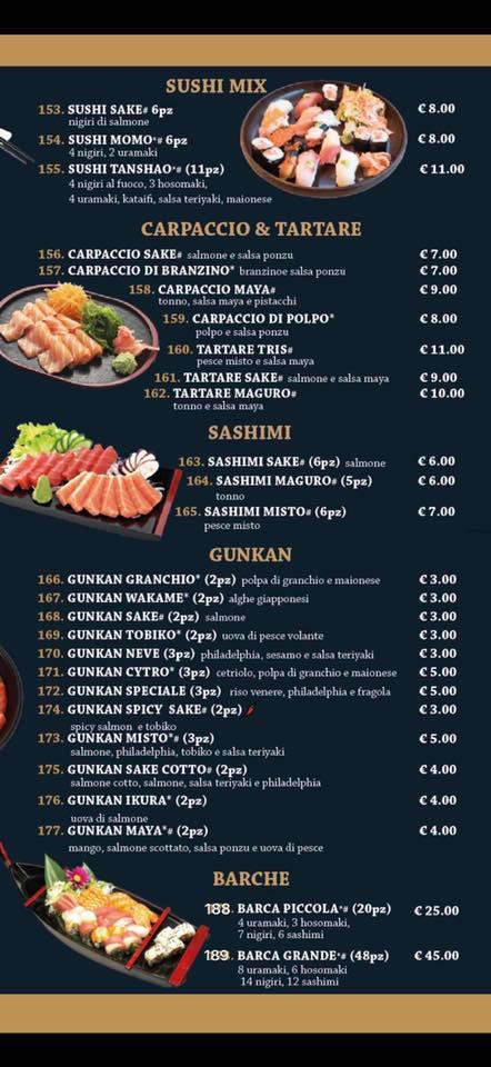 Menu at Sushi Maya restaurant, Vasto