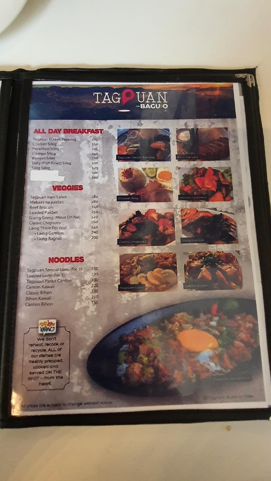 Carta del pub y bar Tagpuan sa Baguio, Baguio