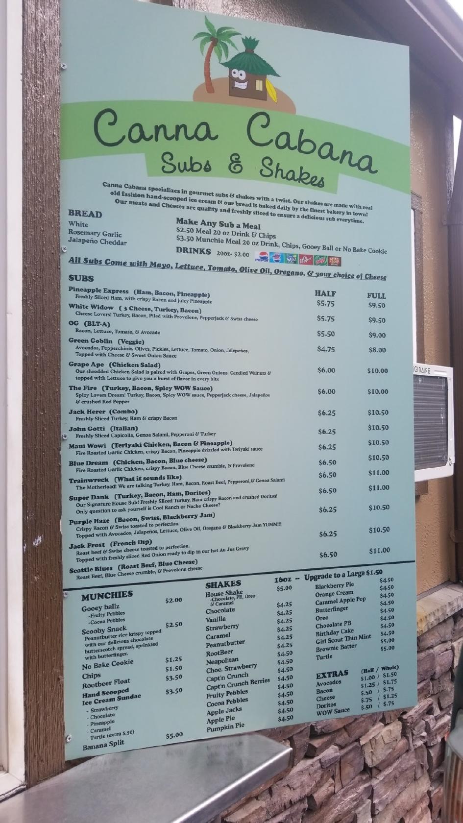 Carta del restaurante Canna Cabana Subs & Shakes, Lacey