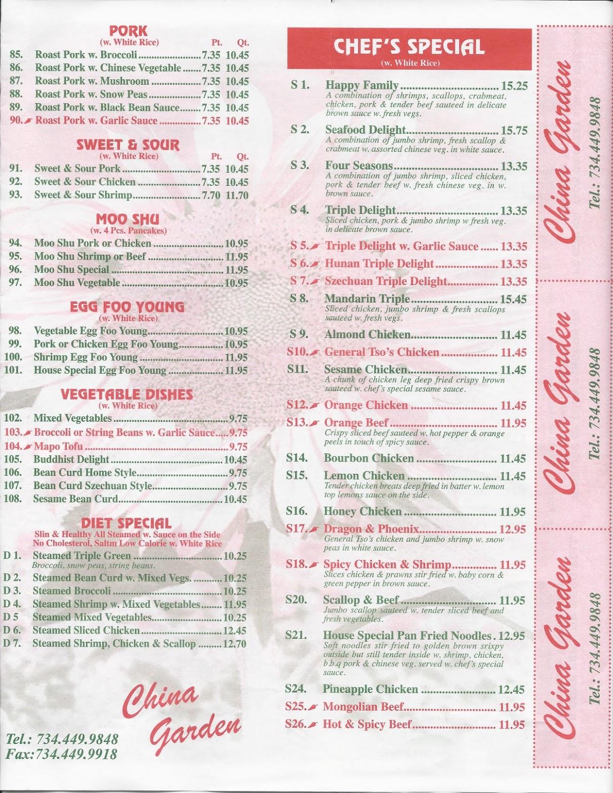 Menu at China Garden restaurant, Whitmore Lake