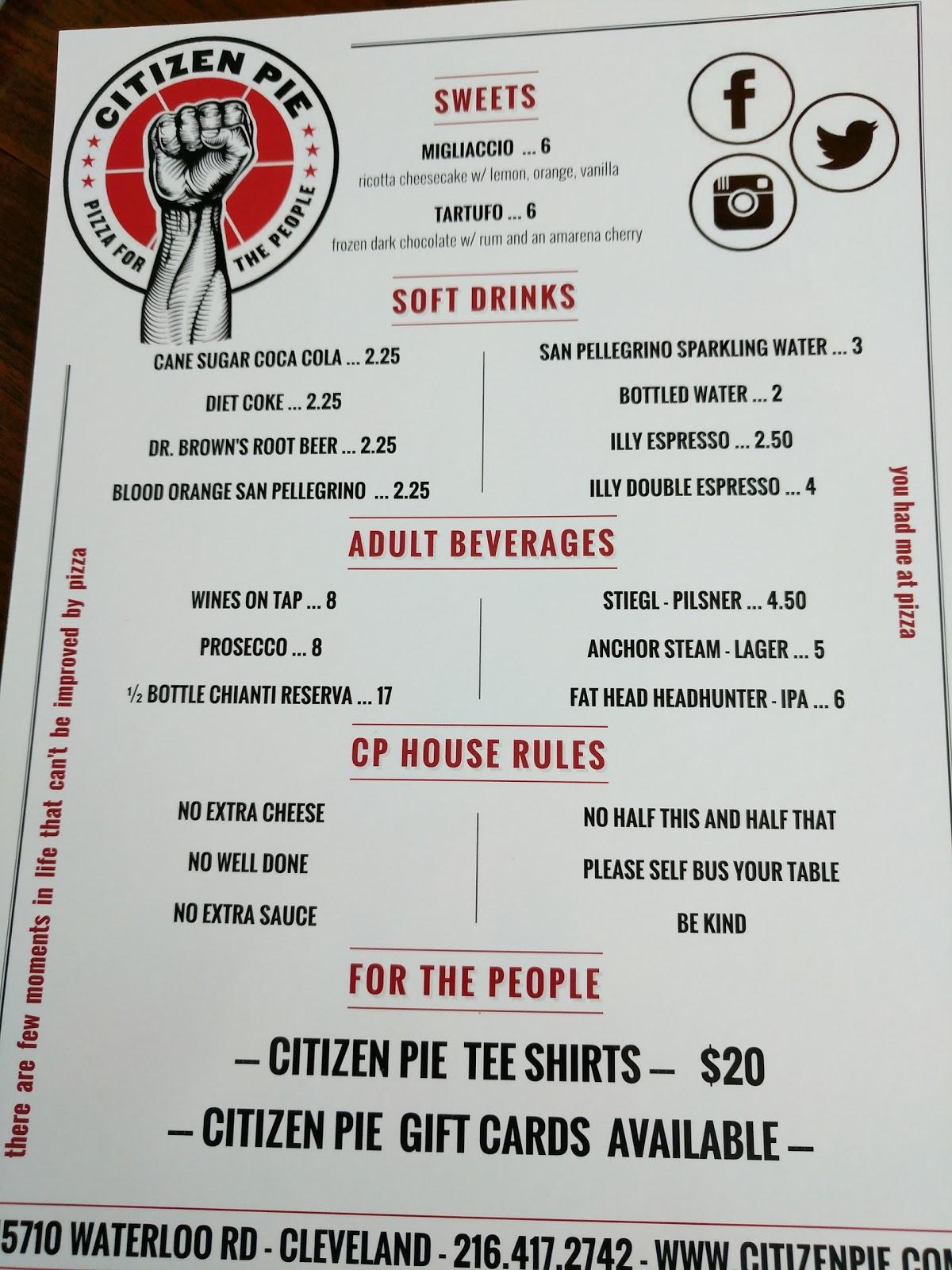 Menu at Citizen Pie pizzeria, Cleveland, Waterloo Rd #1660