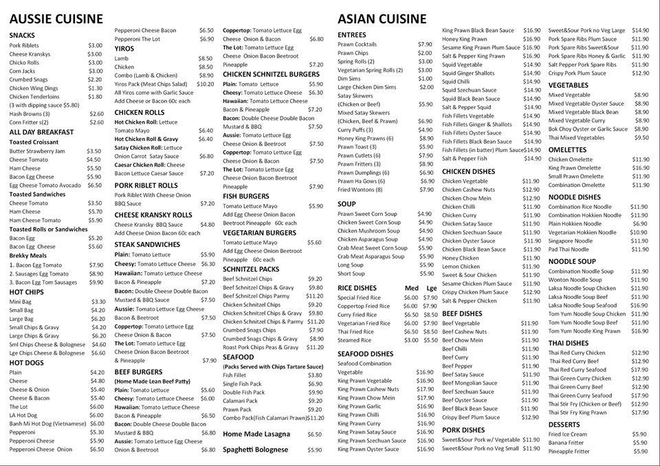 Menu at Coppertop Takeaway fast food, Pooraka