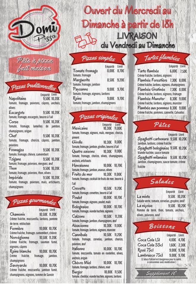 Menu au Domi Pizza restaurant, Merkwiller-Pechelbronn
