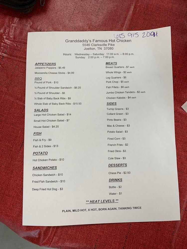 Menu at Granddaddy’s Famous Hot Chicken restaurant, Nashville